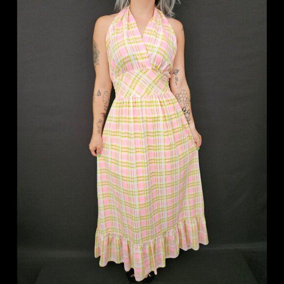 Vintage | Dresses | 7s Bright Plaid Halter Maxi Dress | Poshmark